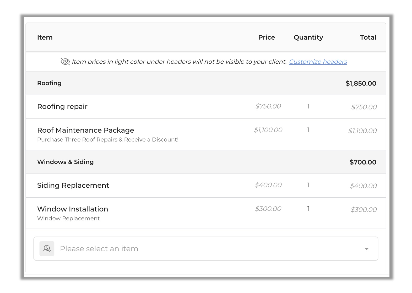 Add Sections To Estimates Thryv